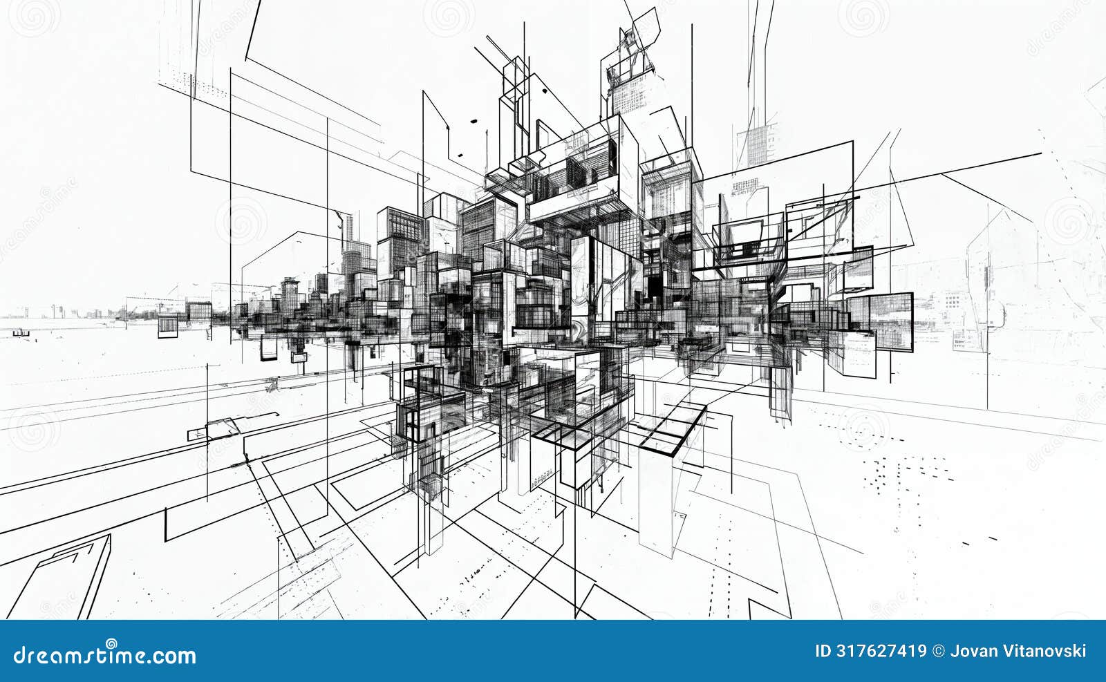 Complex Architectural Ink Drawing of a Modern Building Stock ...