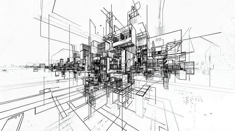 Complex Architectural Ink Drawing of a Modern Building Stock ...