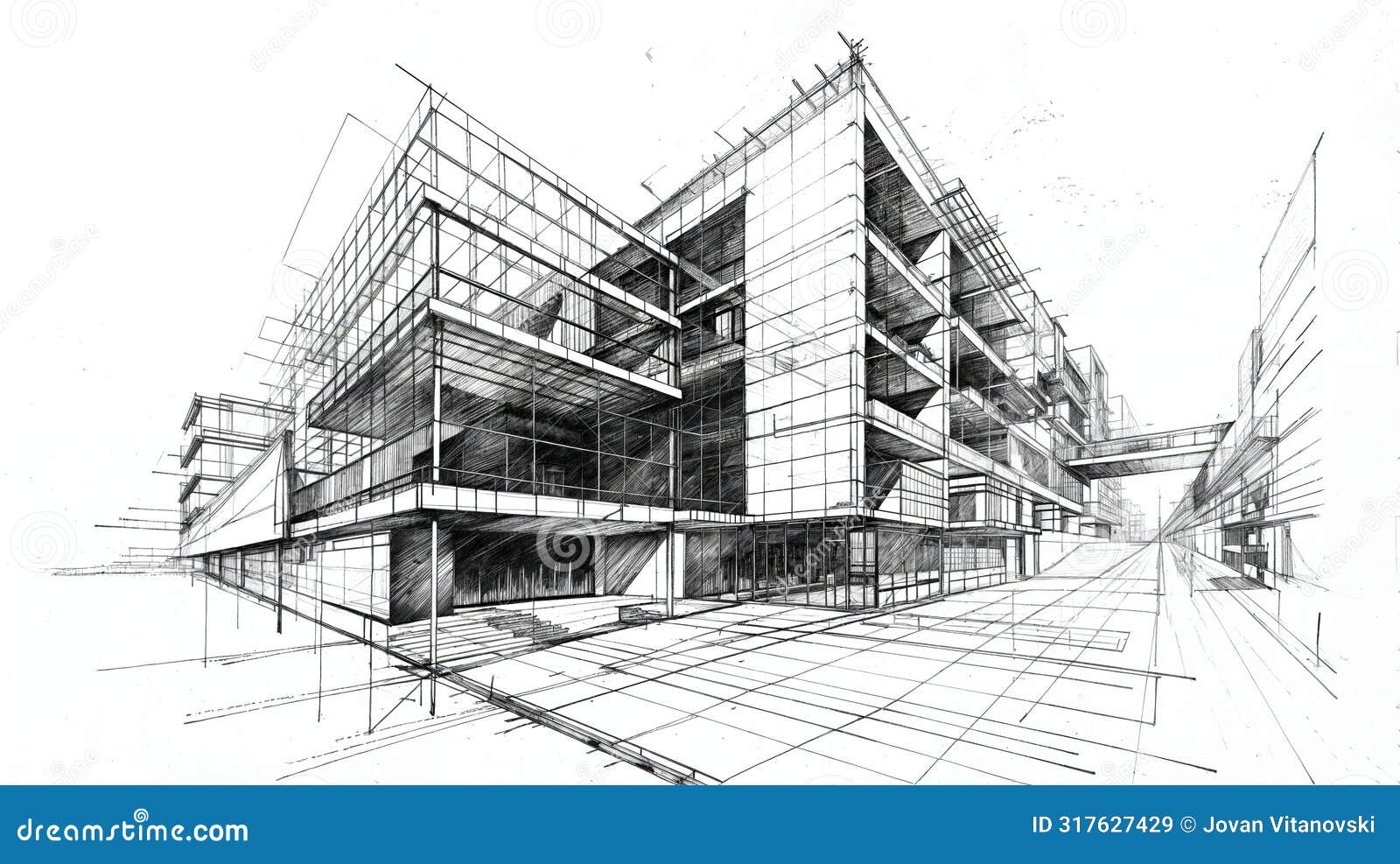 Complex Architectural Ink Drawing of a Modern Building Stock ...