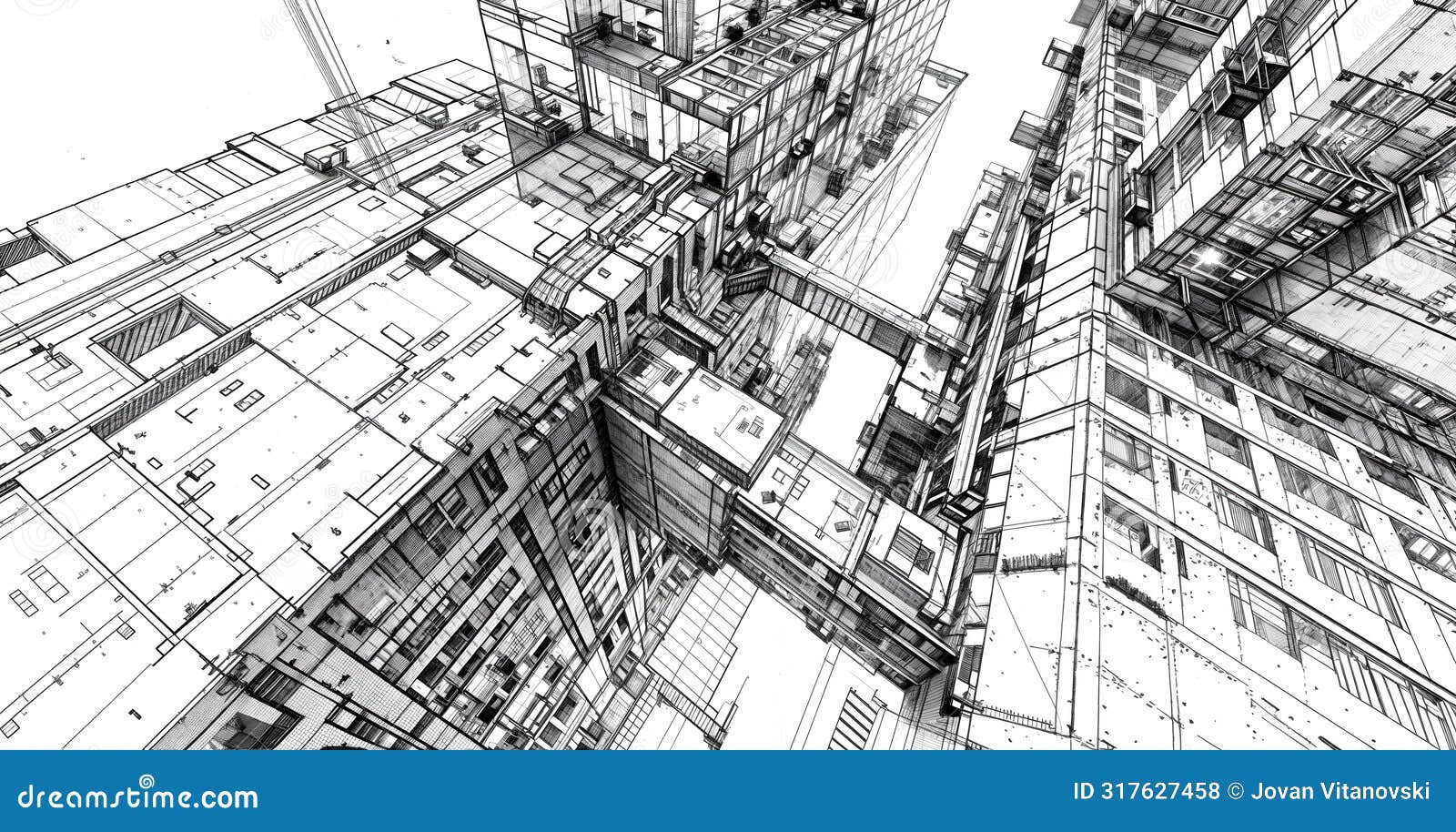 Complex Architectural Ink Drawing of a Modern Building Stock ...