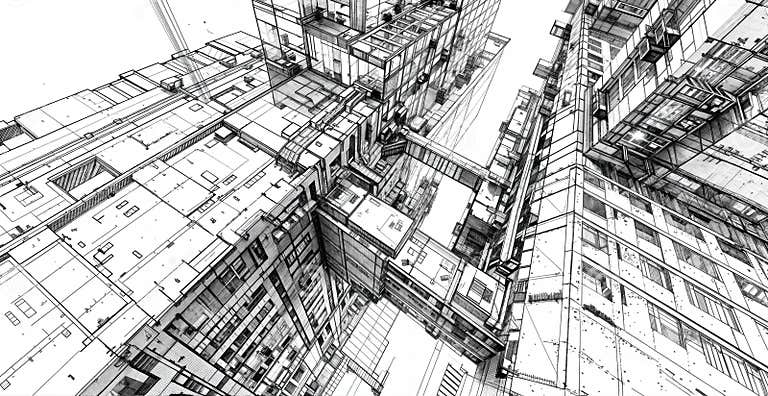 Complex Architectural Ink Drawing of a Modern Building Stock ...