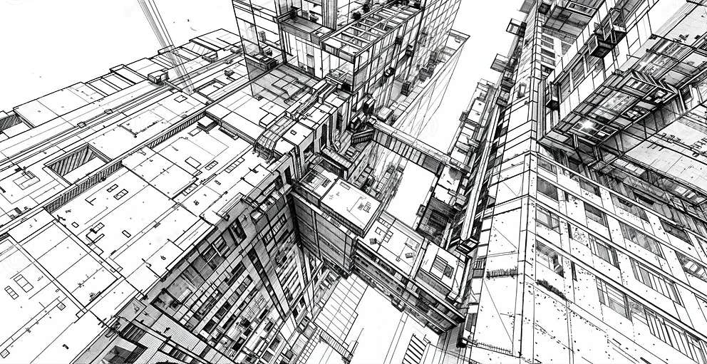 Complex Architectural Ink Drawing of a Modern Building Stock ...