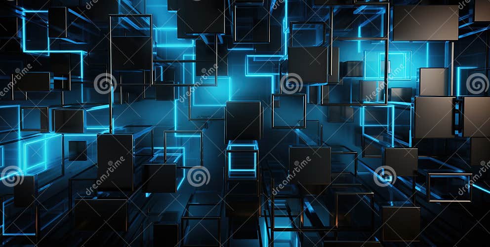 A Complex Array of Glowing Blue Cubes Creating a Surreal Cyberspace ...