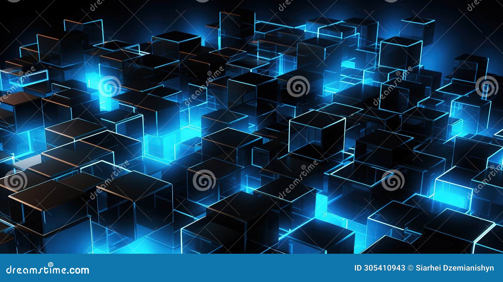 A Complex Array of Glowing Blue Cubes Creating a Surreal Cyberspace ...