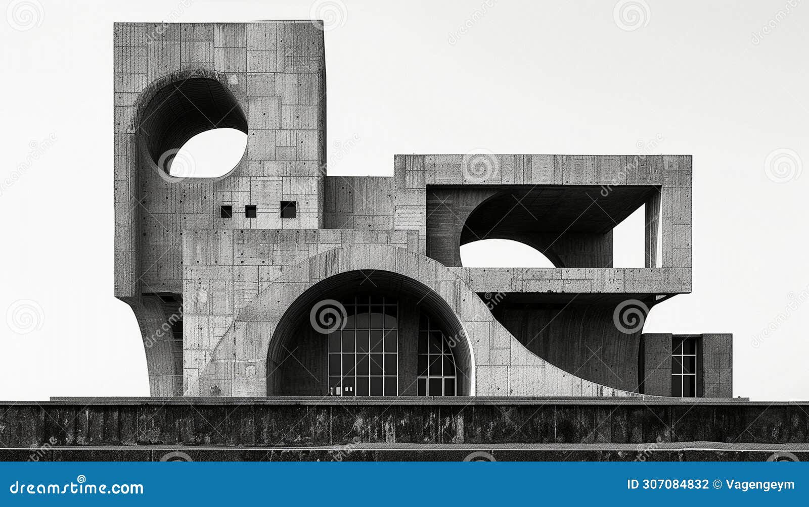 A Complex Brutalist Structure with Bold Geometric Shapes and Circular ...