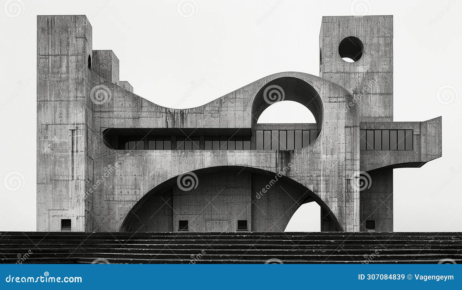 A Complex Brutalist Structure with Bold Geometric Shapes and Circular ...