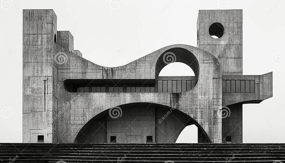 A Complex Brutalist Structure with Bold Geometric Shapes and Circular ...