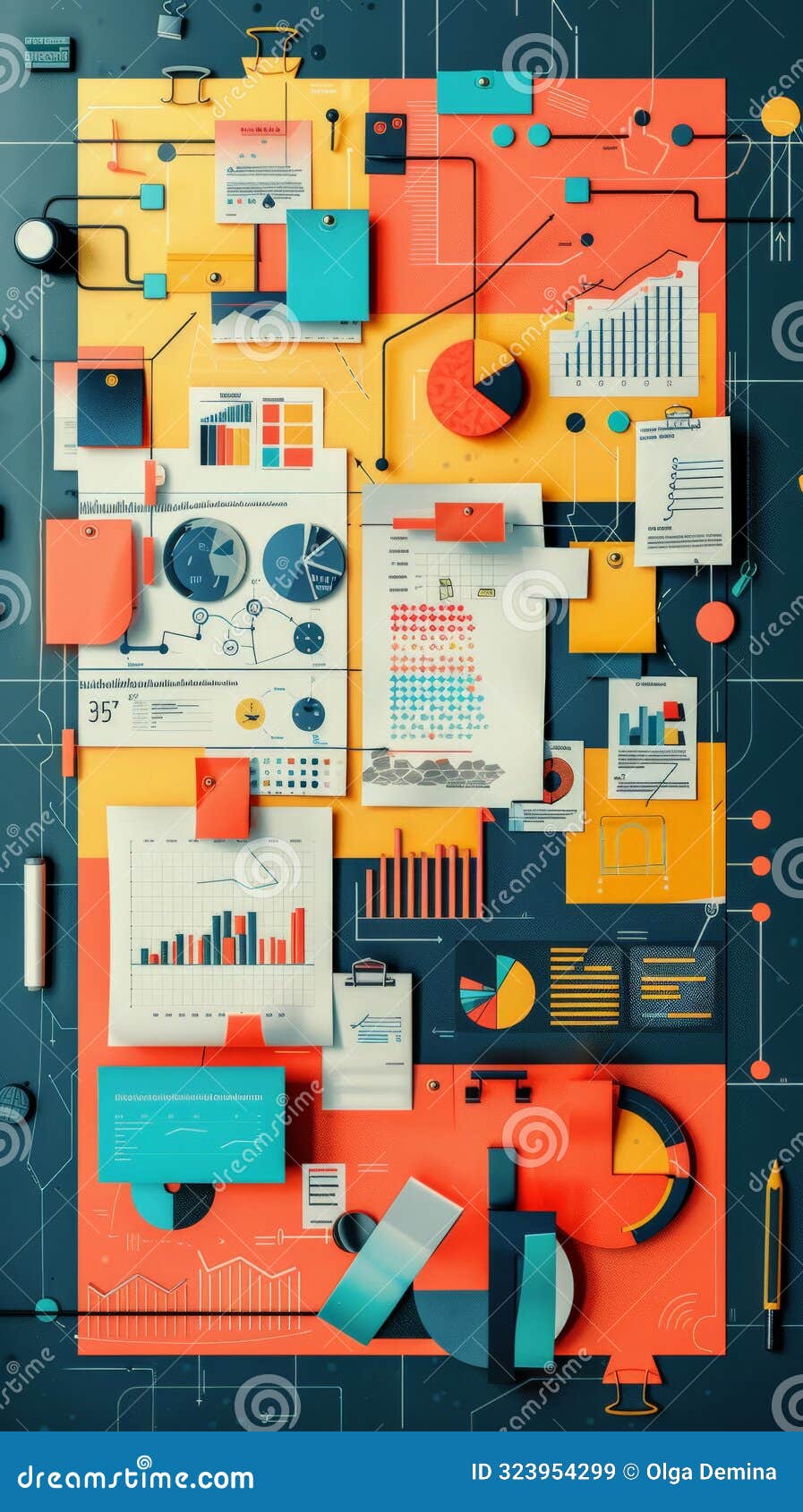 Complex Business Chart Display with Colorful Graphs and Data Sheets ...