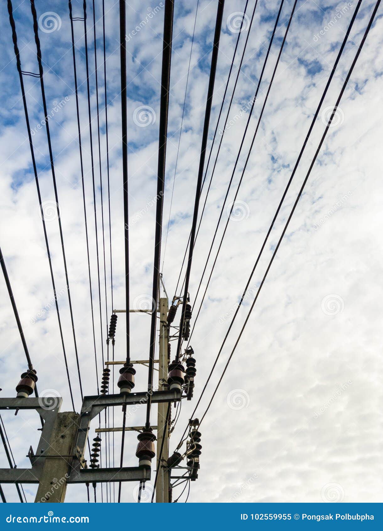Complex Cable Line of the Eletric Concrete Pole. Stock Image - Image of ...