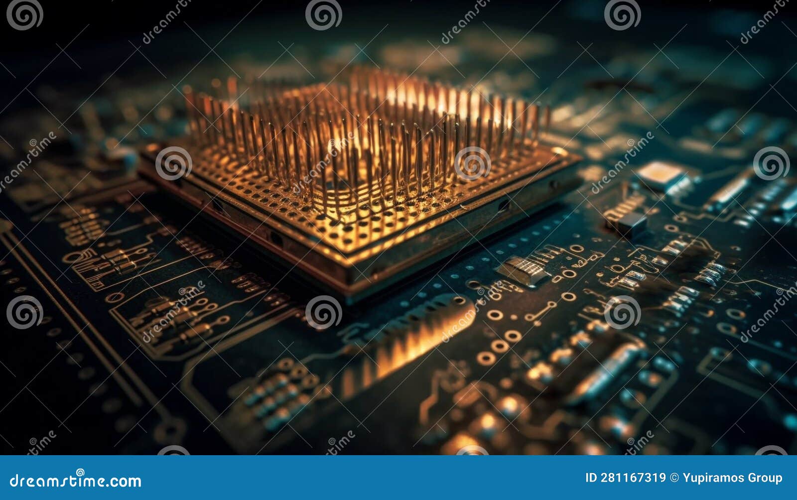 Complex Circuit Board with Glowing Semiconductor and Soldered ...