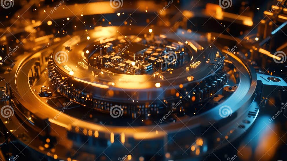 Futuristic Spinning Microchip Radiating Golden Light and Sparks Stock Photo - Image of ...