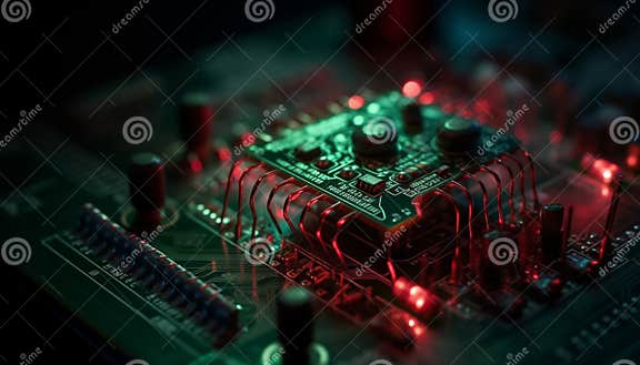 Complex Computer Circuit Board with Glowing Electrical Components and ...
