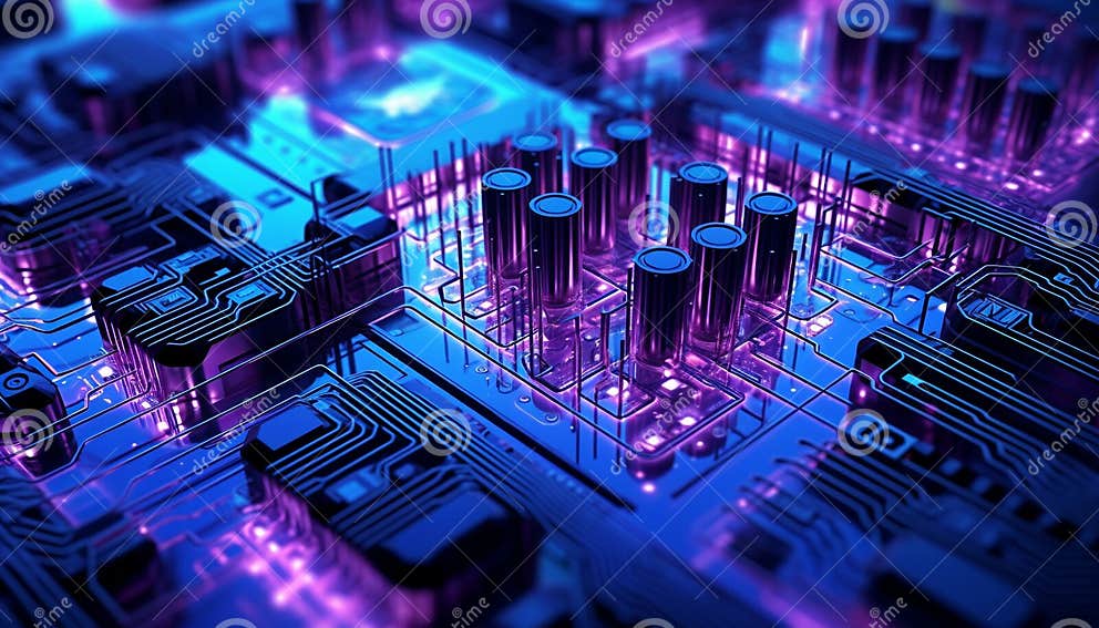 Complex Computer Circuit Board with Glowing Electrical Components and ...