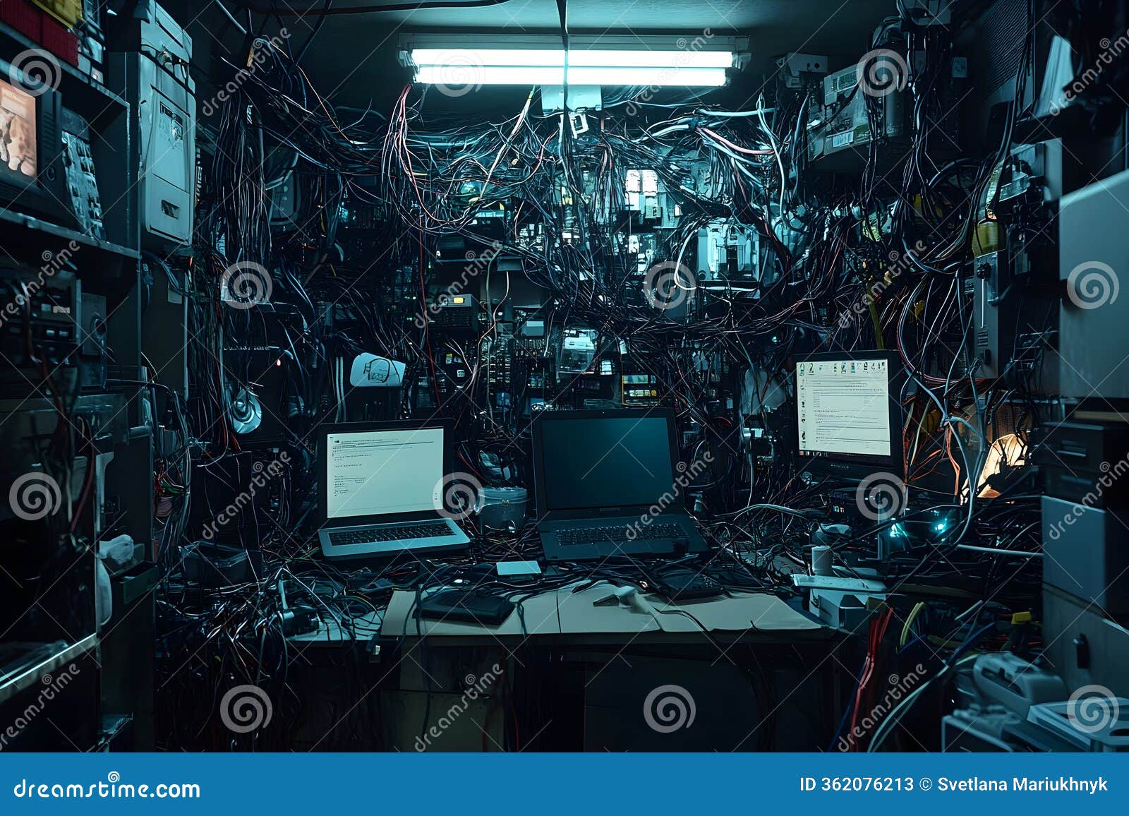 Dark Cable Tunnel With Many Cables. Cable Cabinet Royalty-Free Stock ...