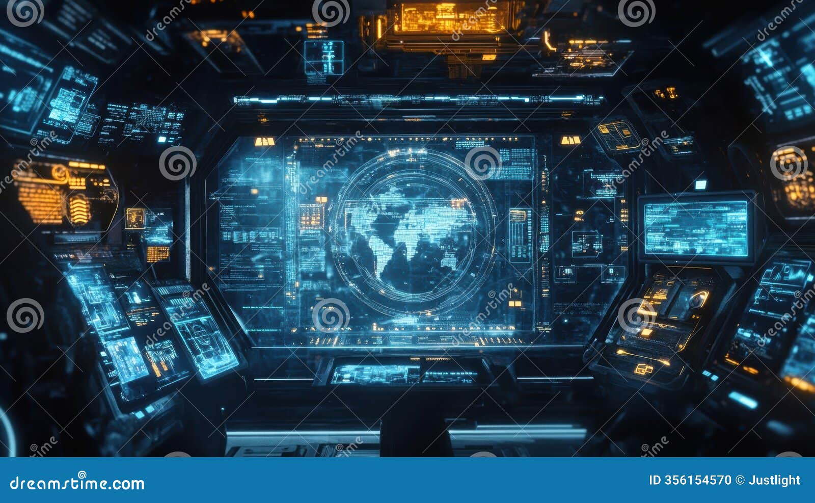 Futuristic Spaceship Cockpit Monitoring Planet Earth with Digital ...