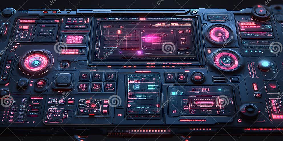 Complex Control Panel Featuring Vibrant Neon Lights and Intricate ...