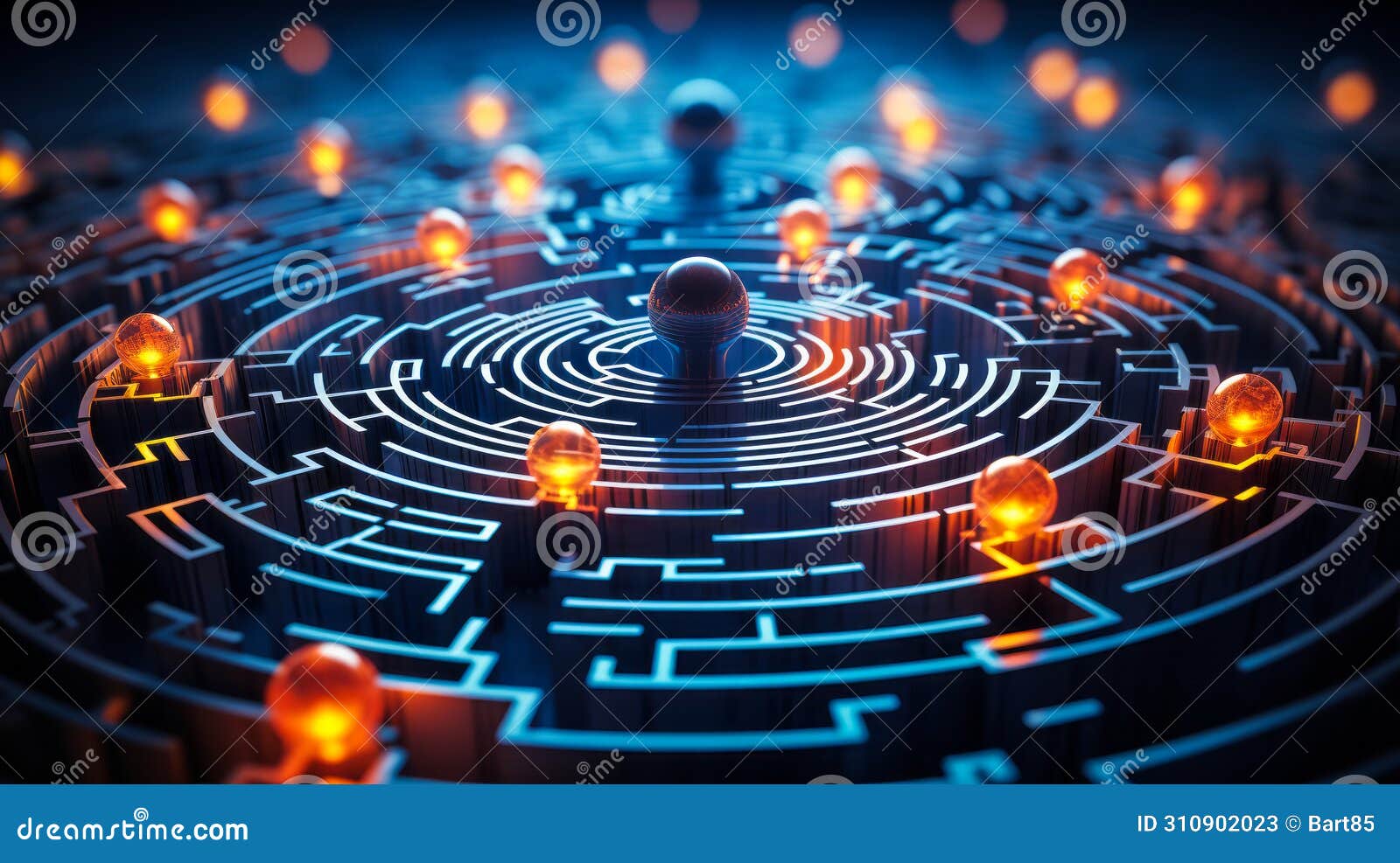 Complex 3D Labyrinth with Glowing Pathways and Spherical Obstacles Conceptualizing Challenge ...