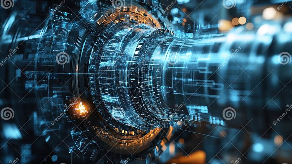 Futuristic Engine Rotating with Digital Data Flowing through it Stock ...