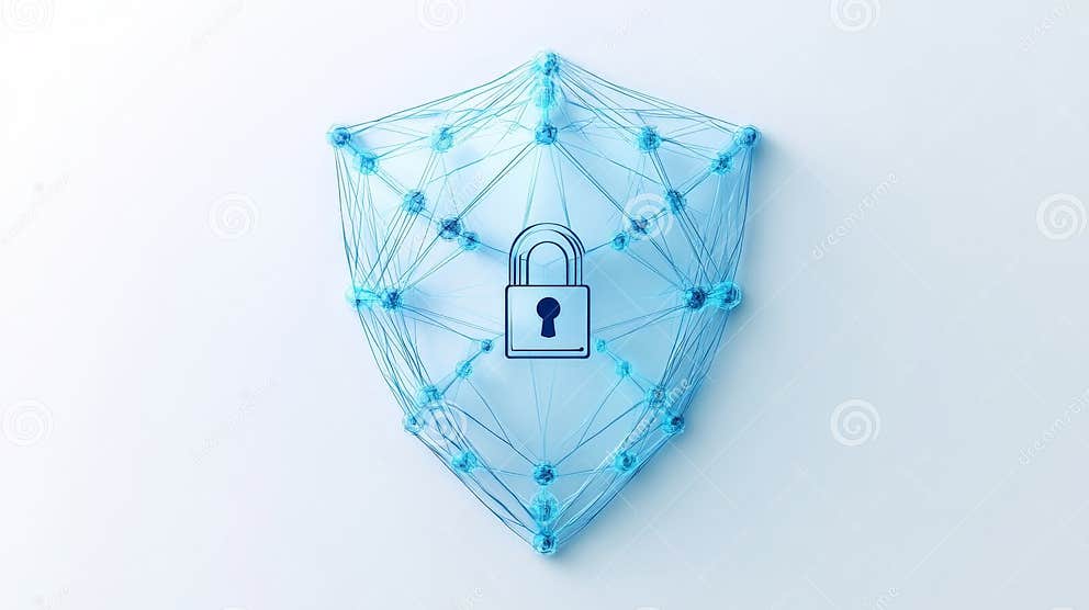 Complex Digital Shield with Lock Icon and a Web of Interconnected Blue ...
