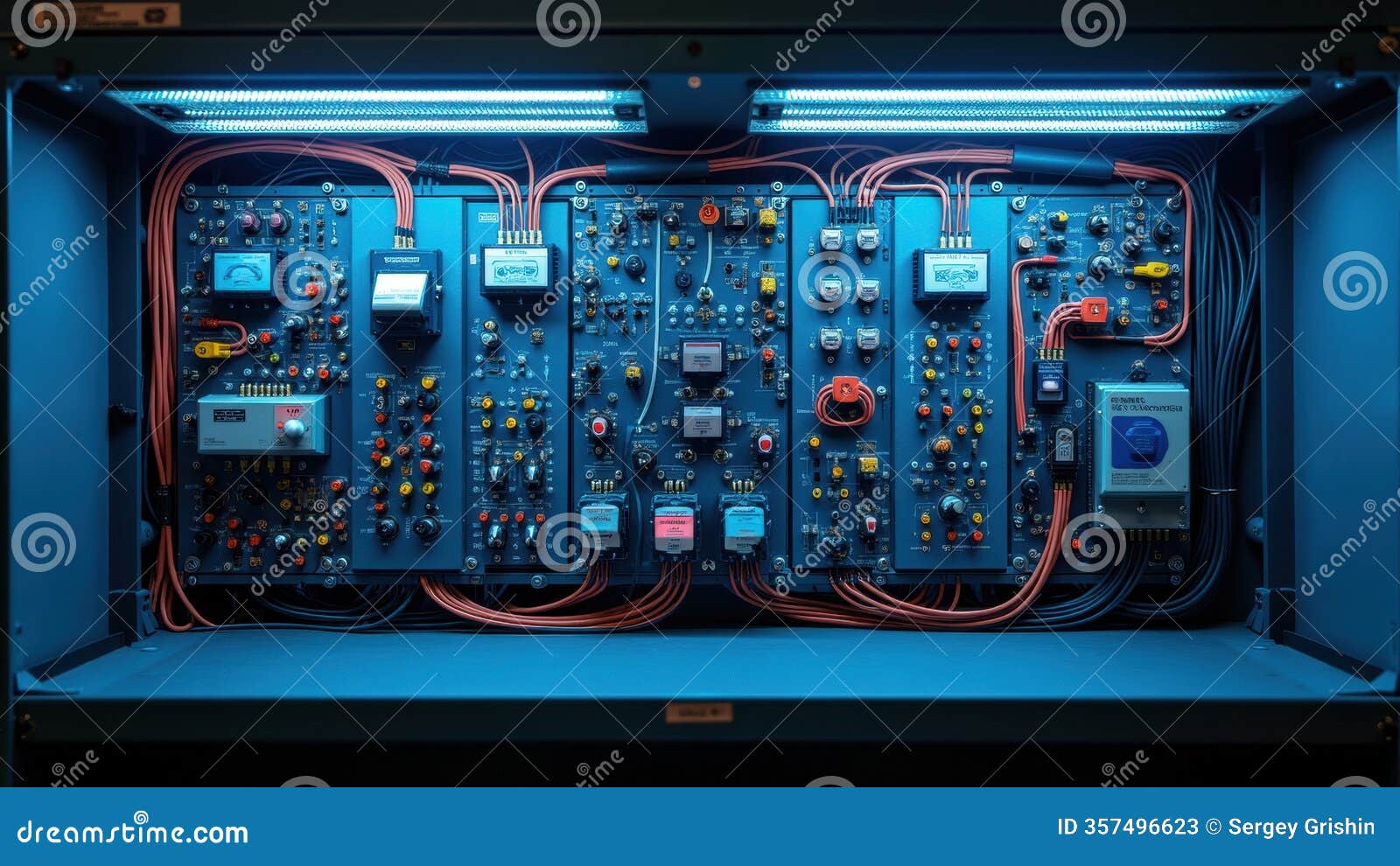 A Complex Electronic Circuit Board Features Numerous Components, Lights ...