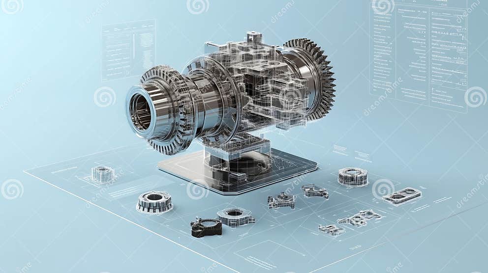 Complex Engine Undergoing Development with Exploded View and Blueprints ...