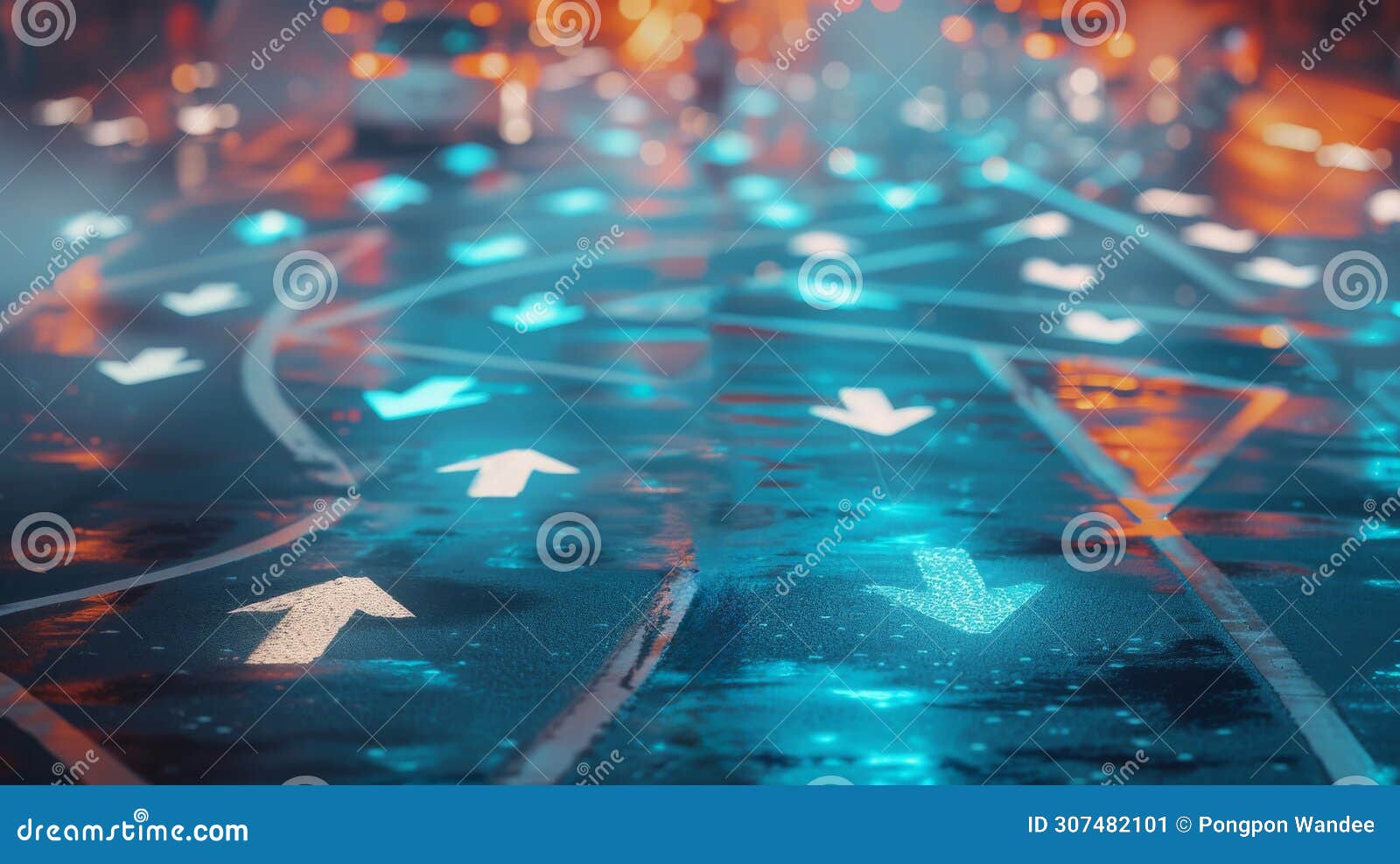 Complex, Illuminated Network of Arrows on a Road Decision Making and ...