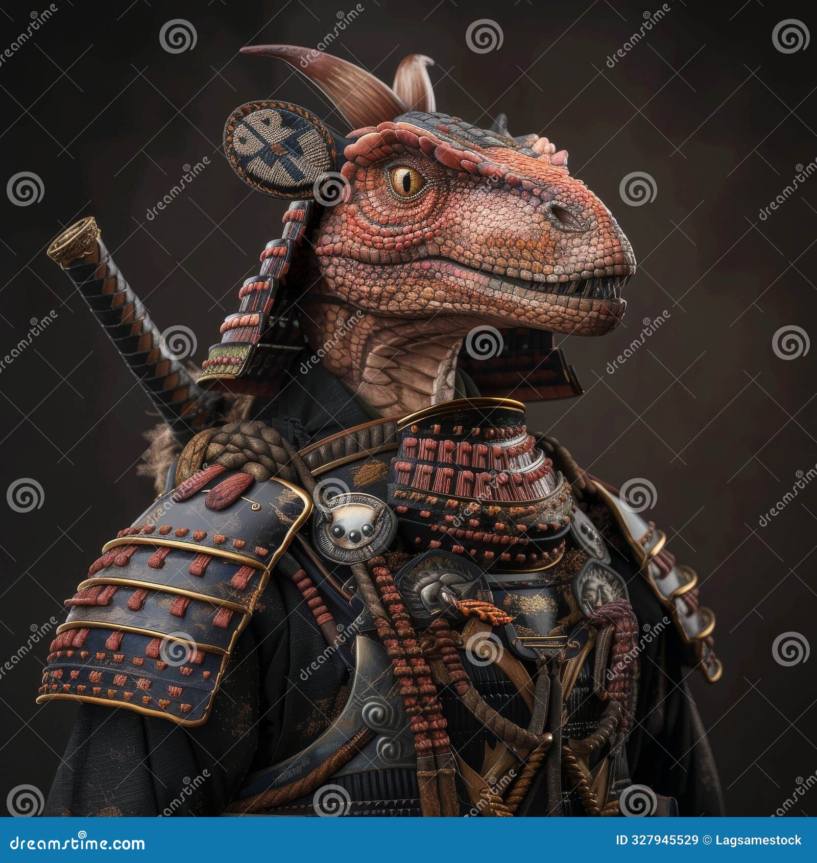 A Complex Interpretation of a Velociraptor Samurai in Full Armor Stock ...