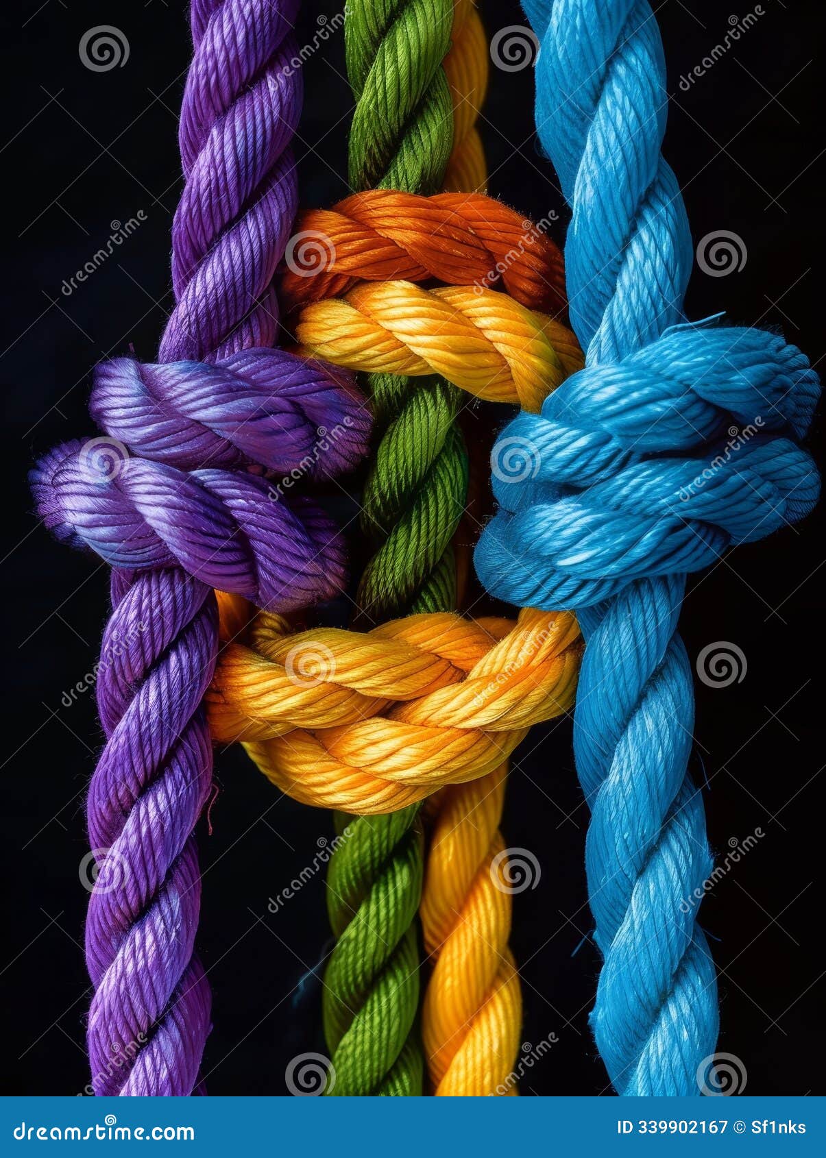 A Complex Knot of Multihued Braided Ropes Stands Out on a Dark ...