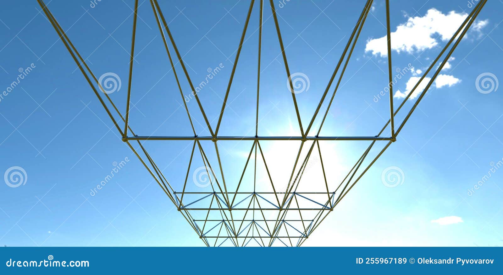 Complex Lattice Metal Truss Against the Backdrop of the Sun on a Blue ...