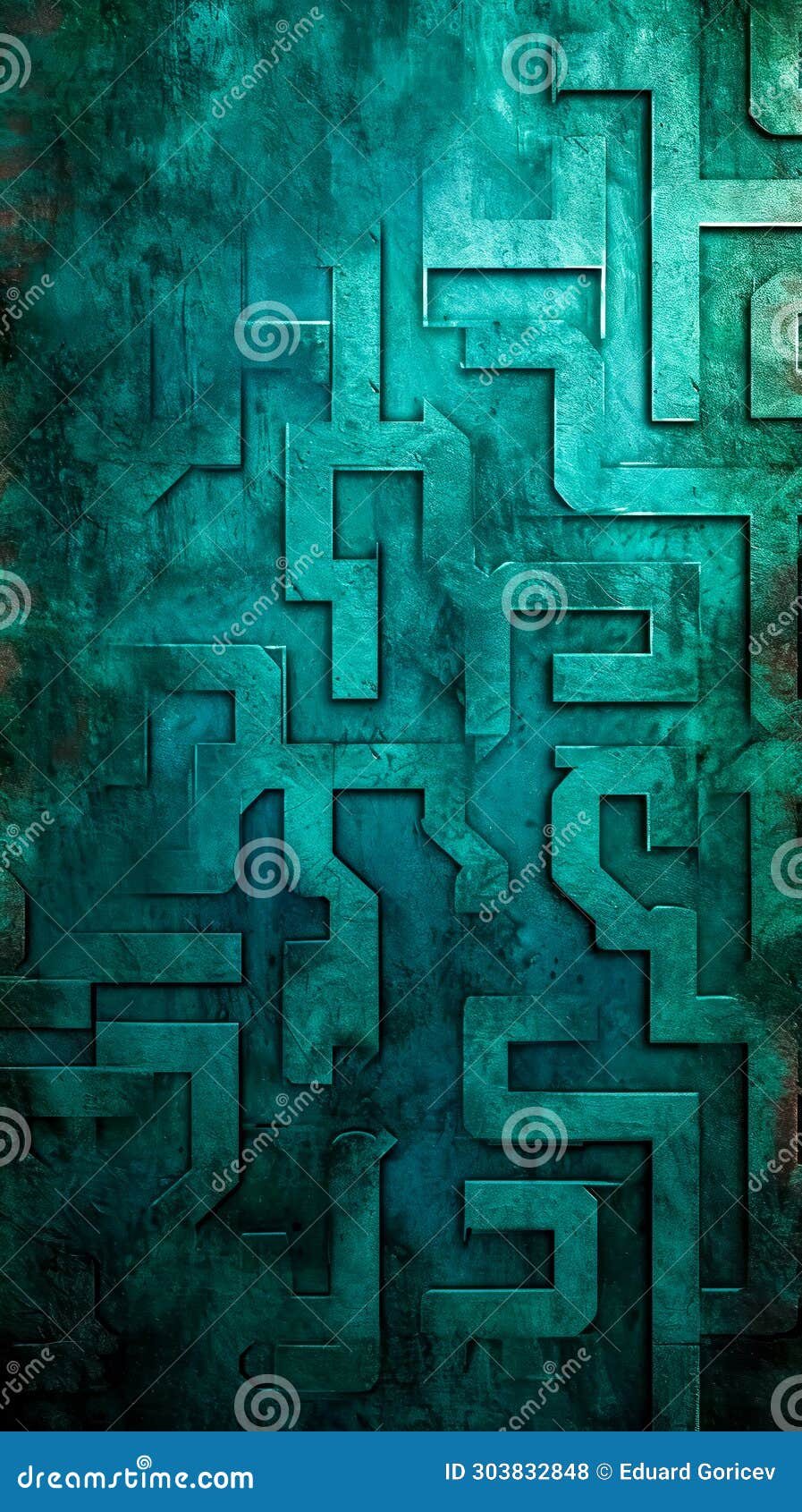 A Complex Maze Design Carved into a Textured, Teal-colored Wall ...