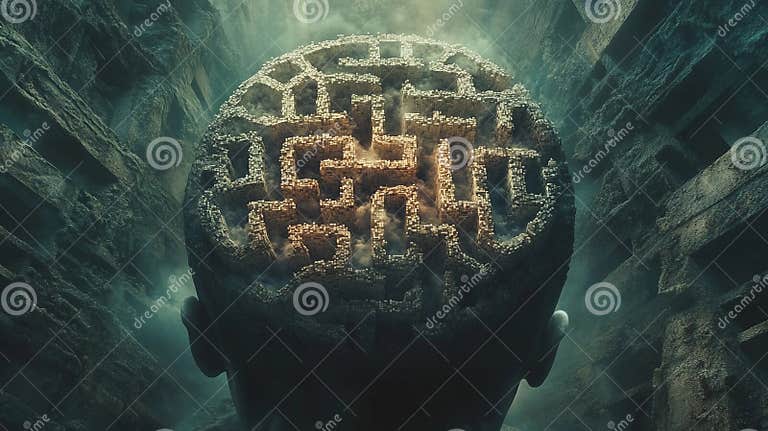 Complex Maze Structure within a Human Mind in a Surreal, Dark ...