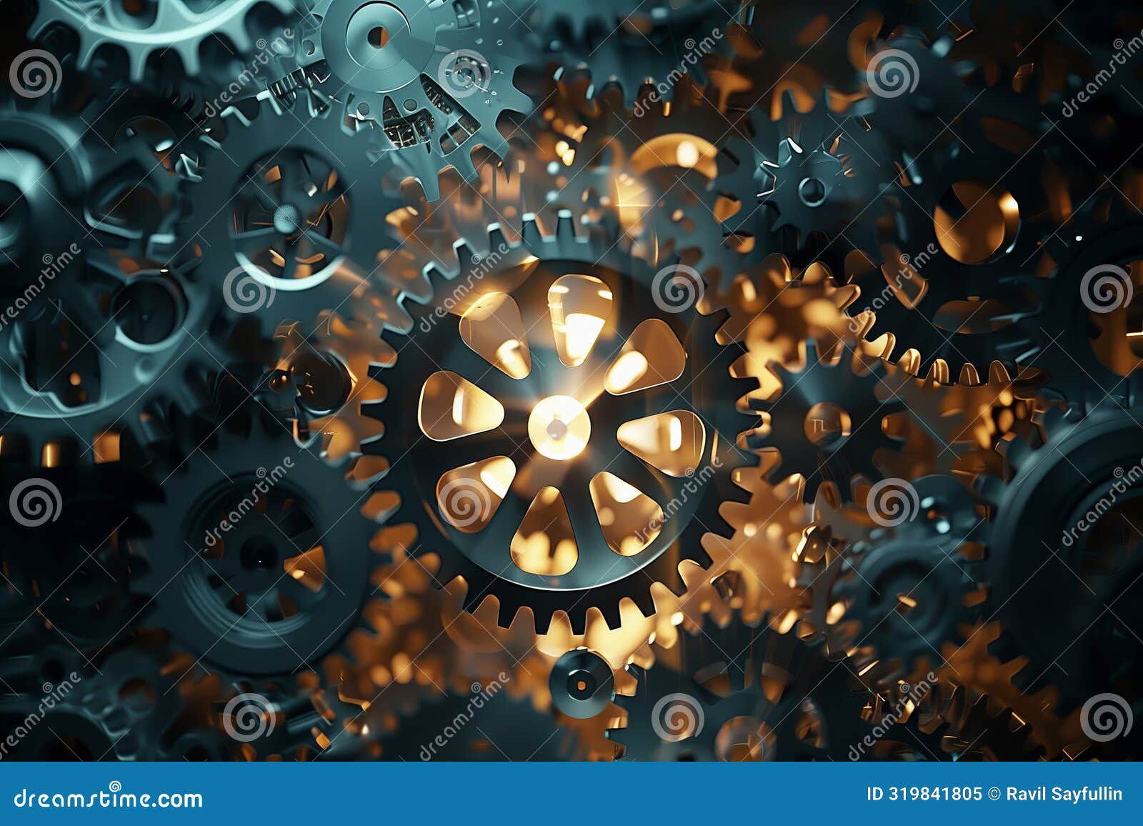 Complex Mechanical Silhouette Composed of Gears, with Light Going ...