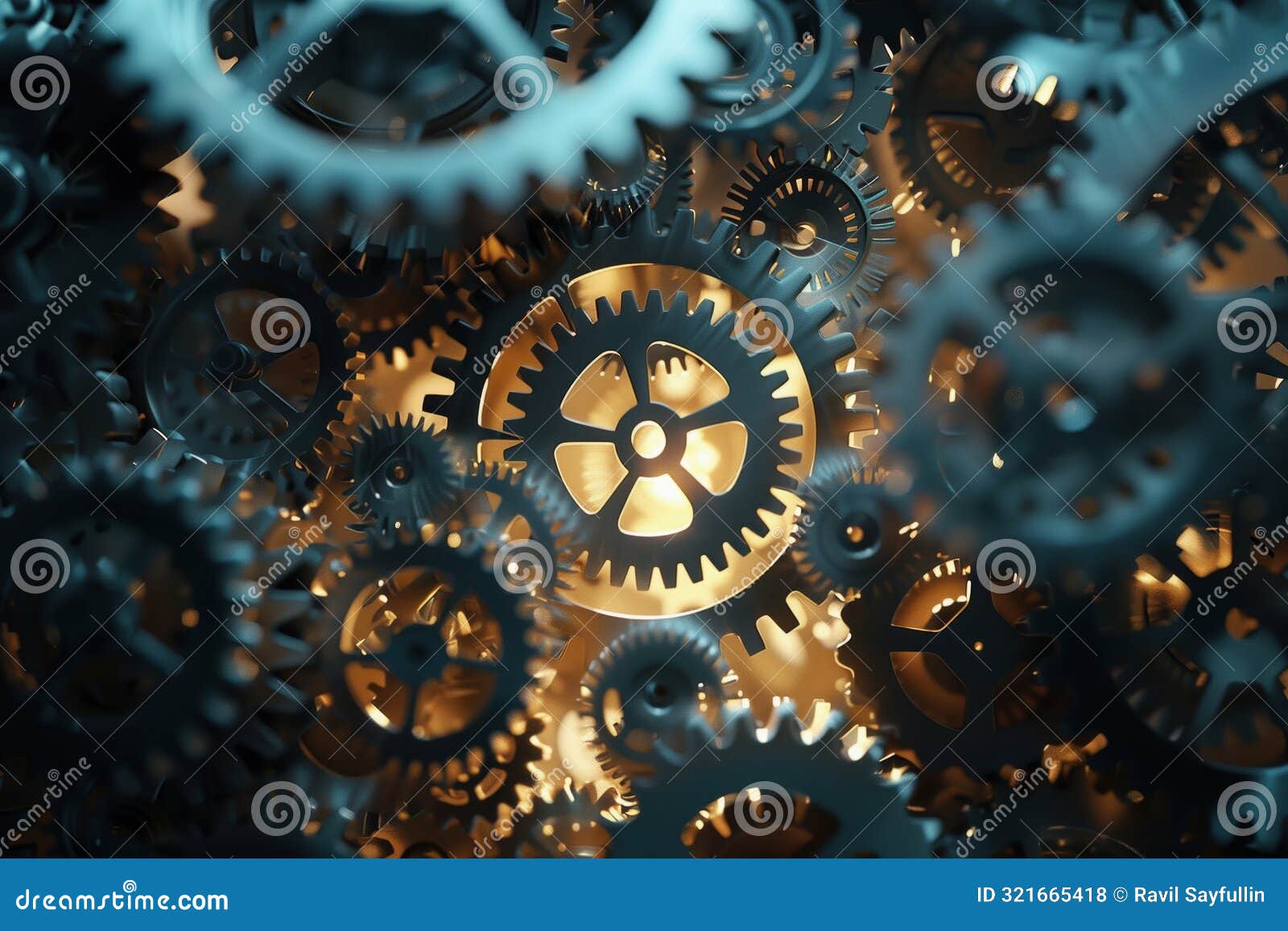 Complex Mechanical Silhouette Composed of Gears, with Light Going ...