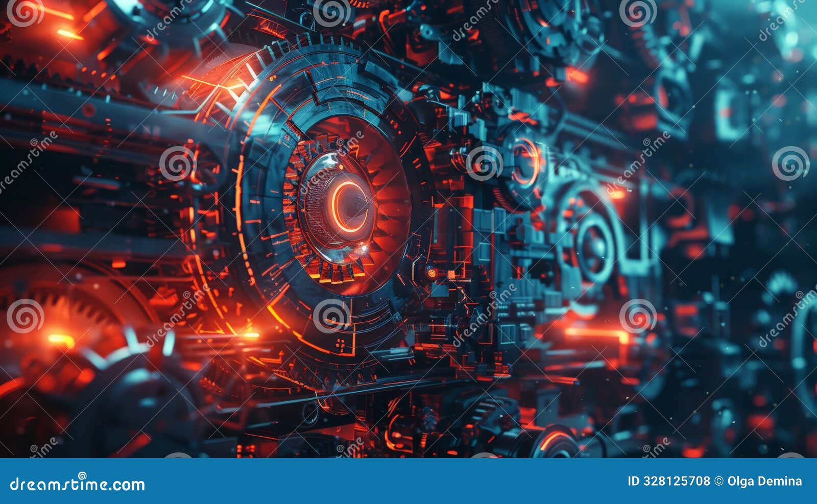 Complex Mechanical System with Red and Blue Glowing Gears and Technical ...