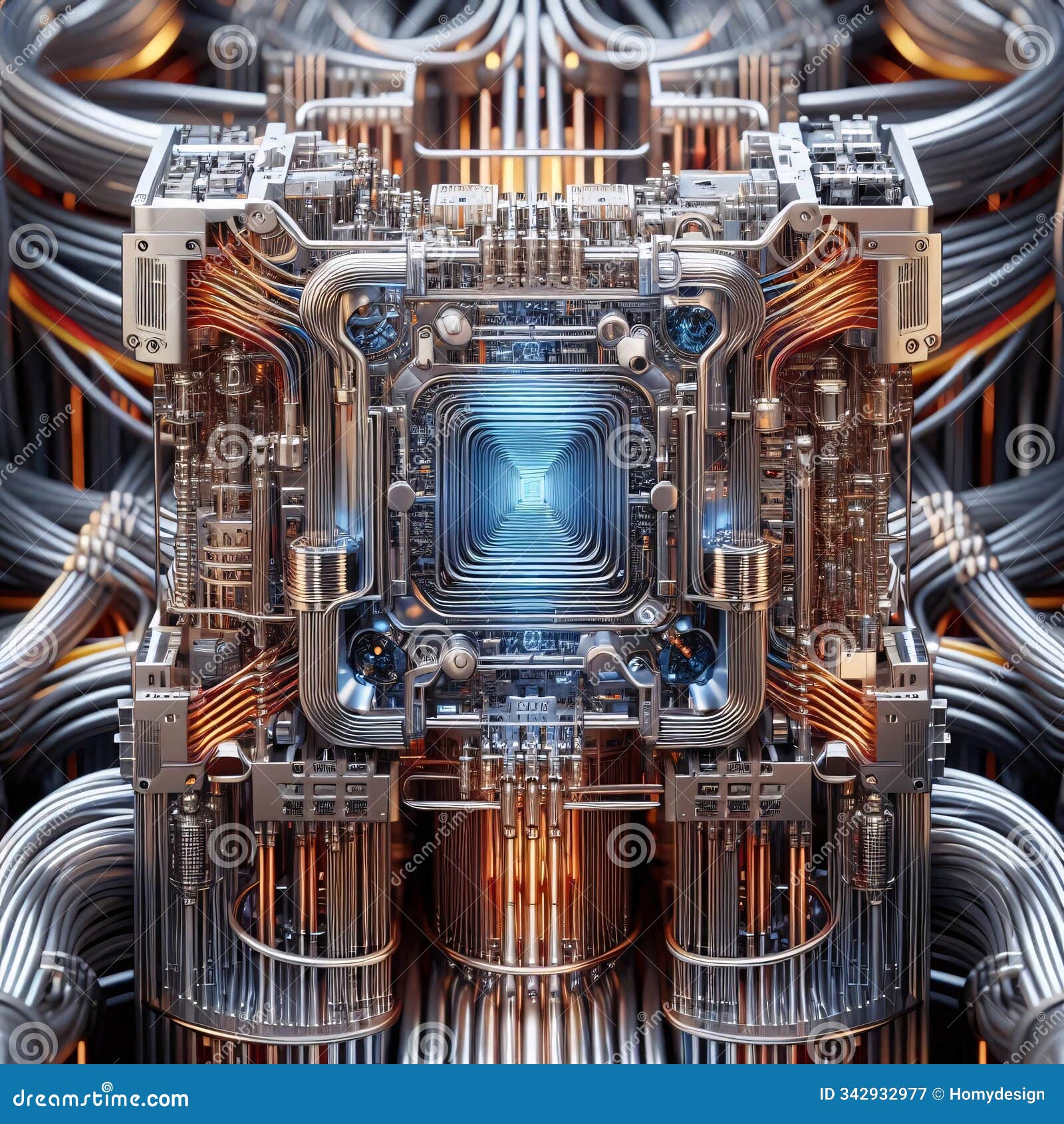 A Complex Metallic Cube with Intricate Wiring and a Glowing Blue Center ...