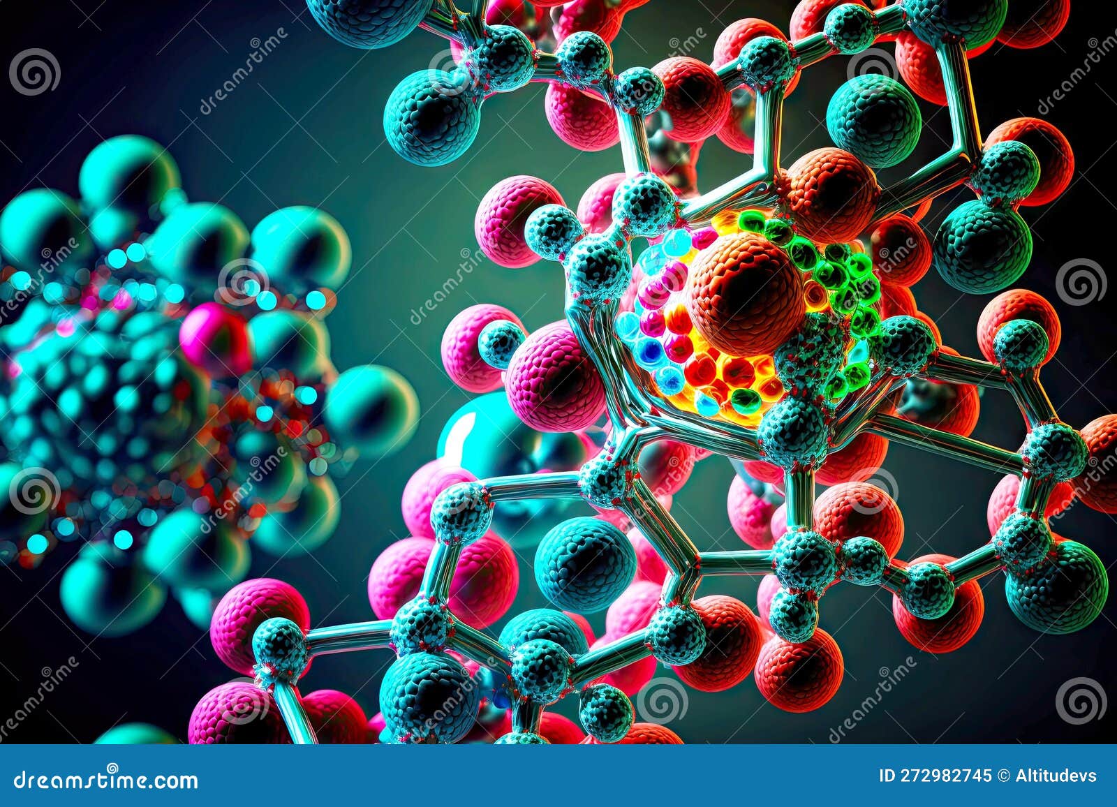 Complex Microbiological Structure of Molecule Closeup in Turquoise Pink ...