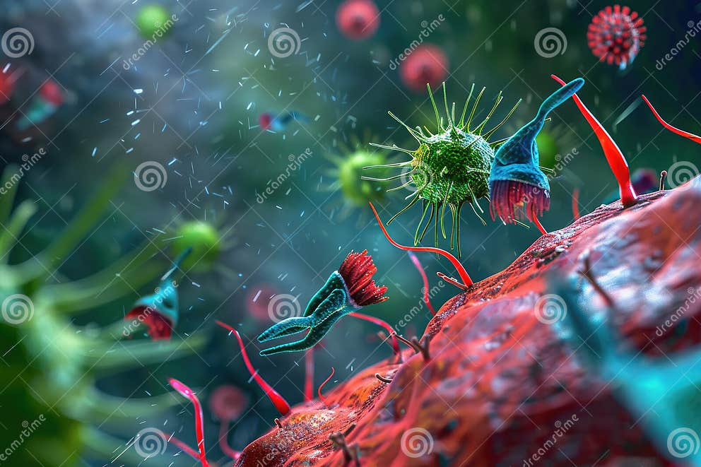 Complex Microscopic Microorganisms Attacking the Red Bacteria on an ...