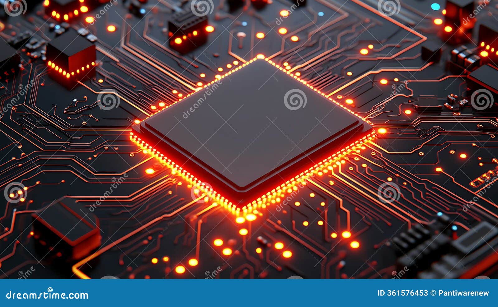 Complex Motherboard with Central Processor Unit and Vibrant Orange Glow ...