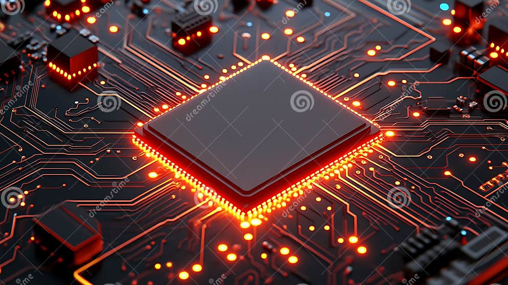 Complex Motherboard with Central Processor Unit and Vibrant Orange Glow ...