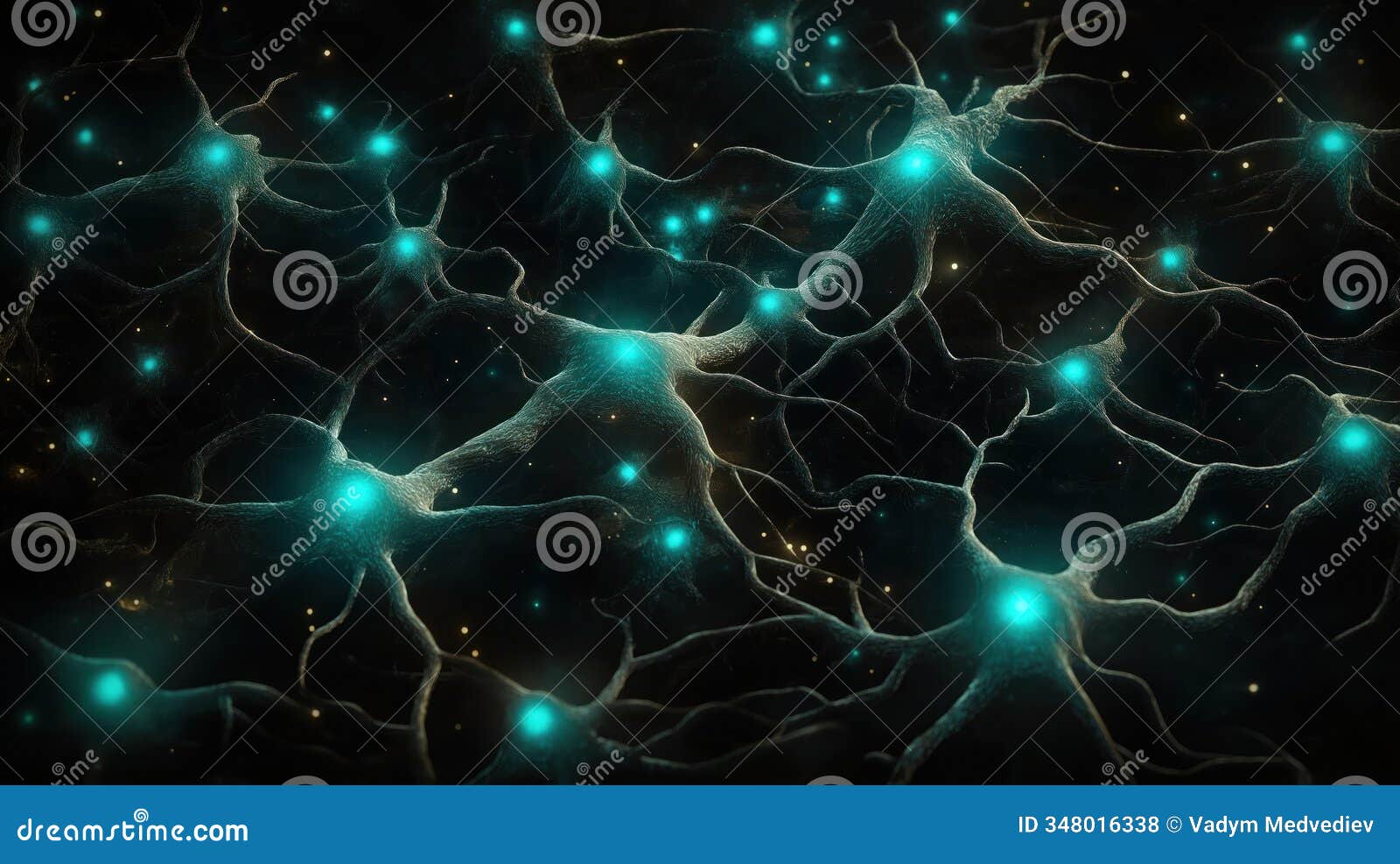 Complex Network of Glowing Turquoise Neurons. Illustrates Tech Neuro ...
