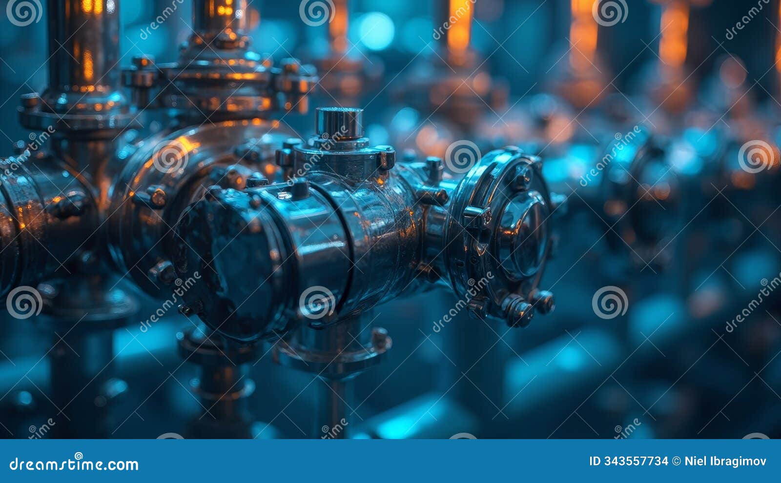 Complex Network of Industrial Metal Valves in Low Light Stock Photo ...
