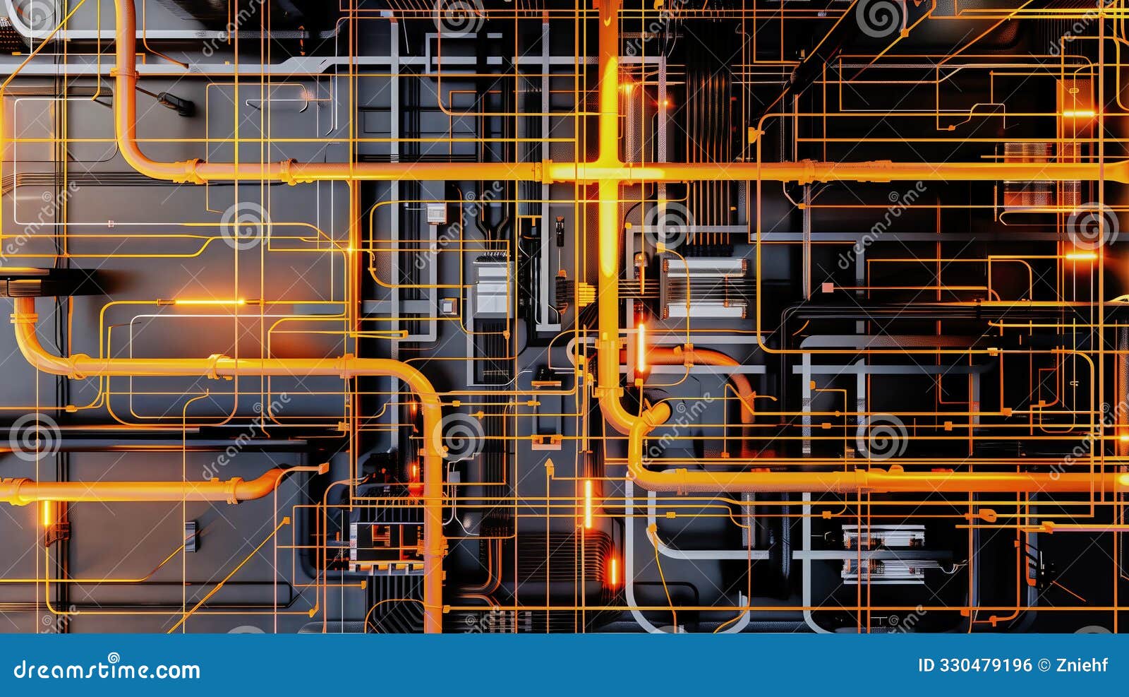 Complex Network of Pipes and Cables is Glowing with Orange Light ...