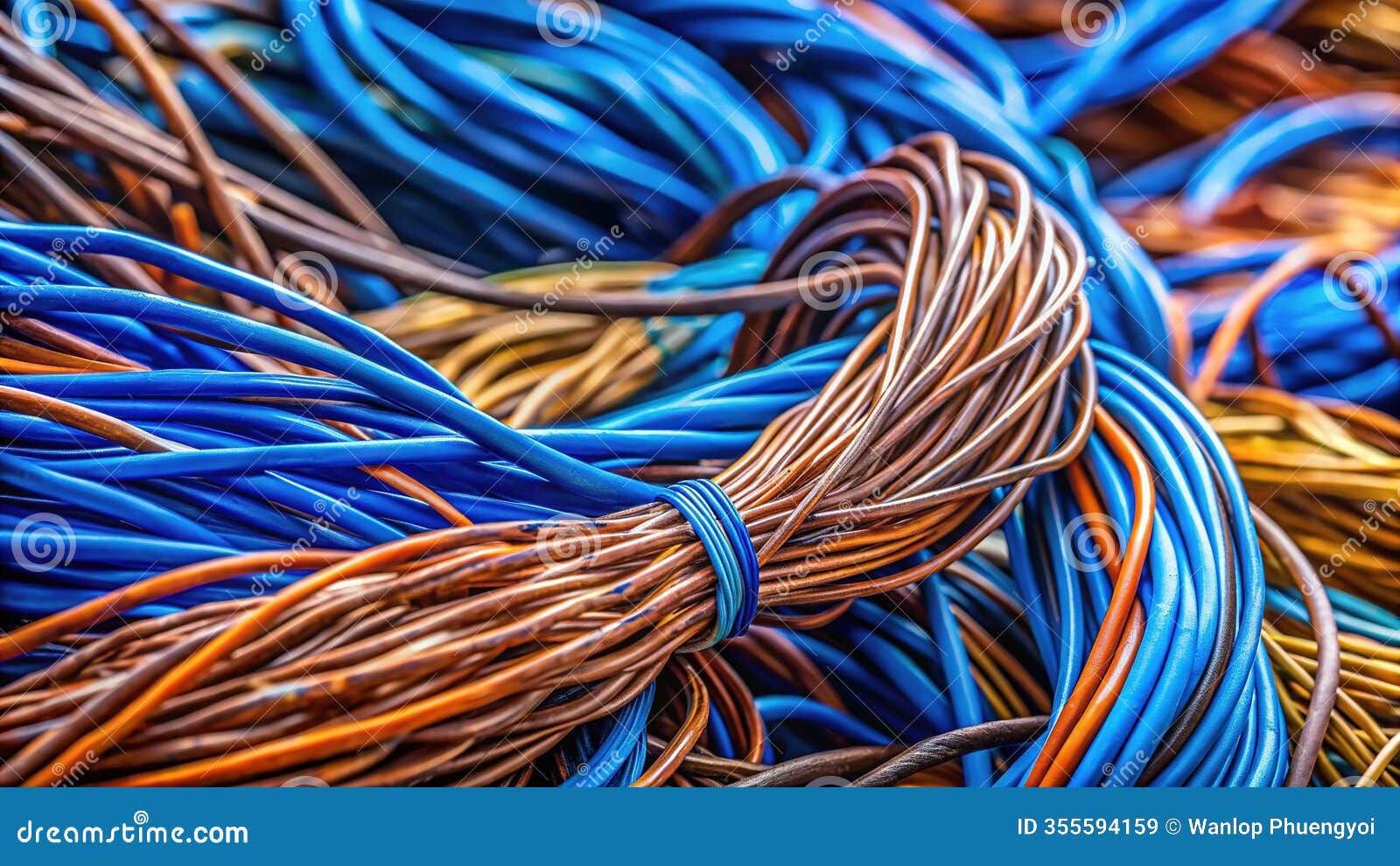 A Complex Network of Tangled Blue and Brown Electrical Wires a CloseUp ...