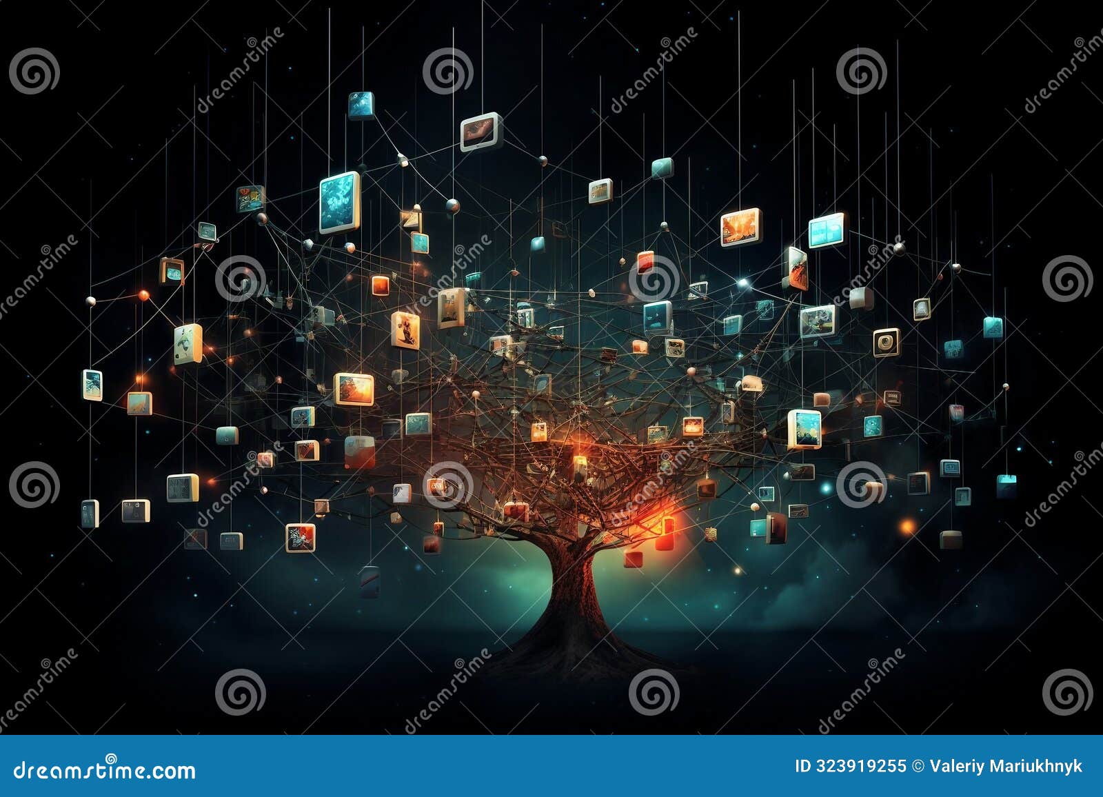 Complex Network Tree Structure with Glowing Image Nodes in Dark ...