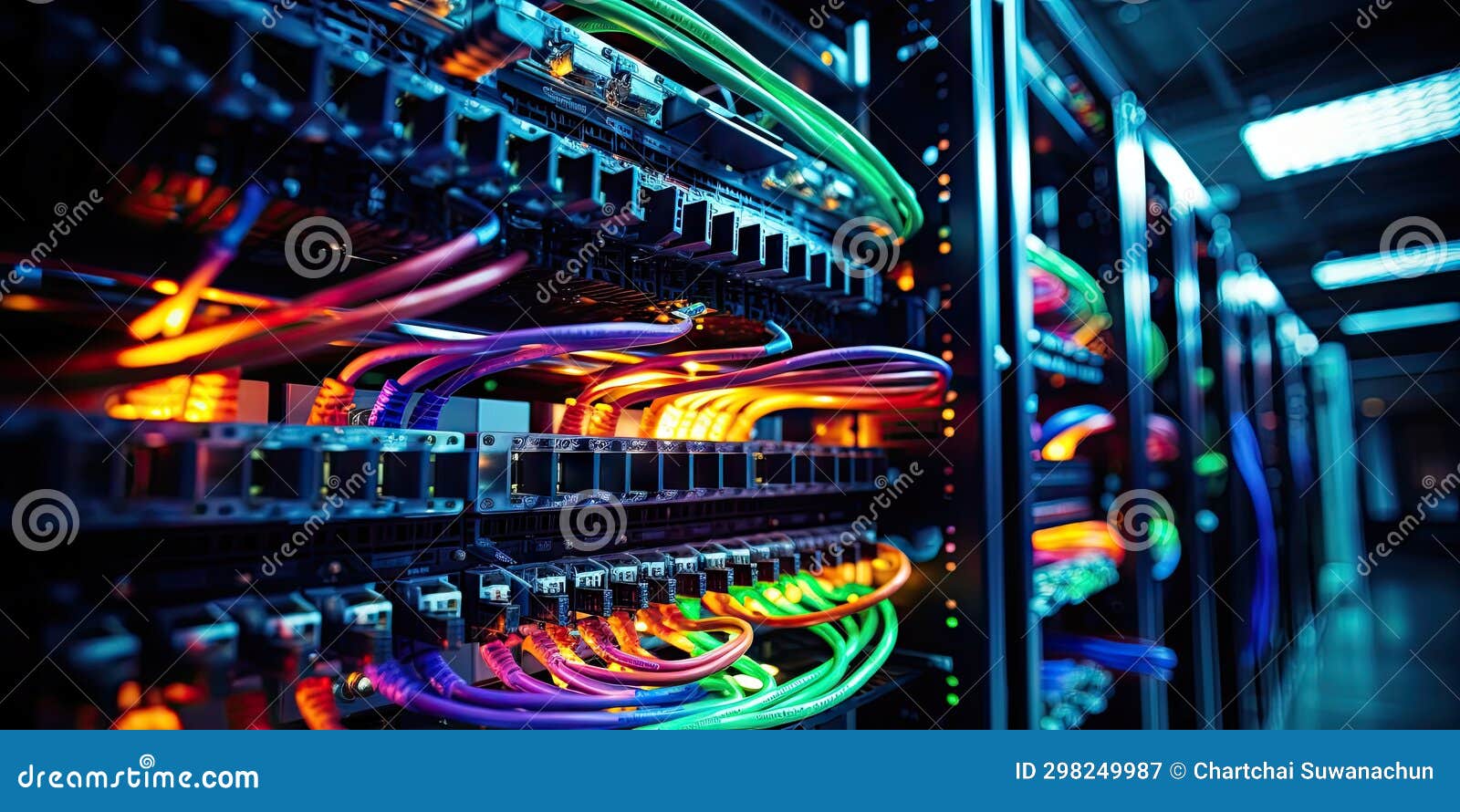 A Complex Set of Wires and Cables Converge in Data Center Where Server ...