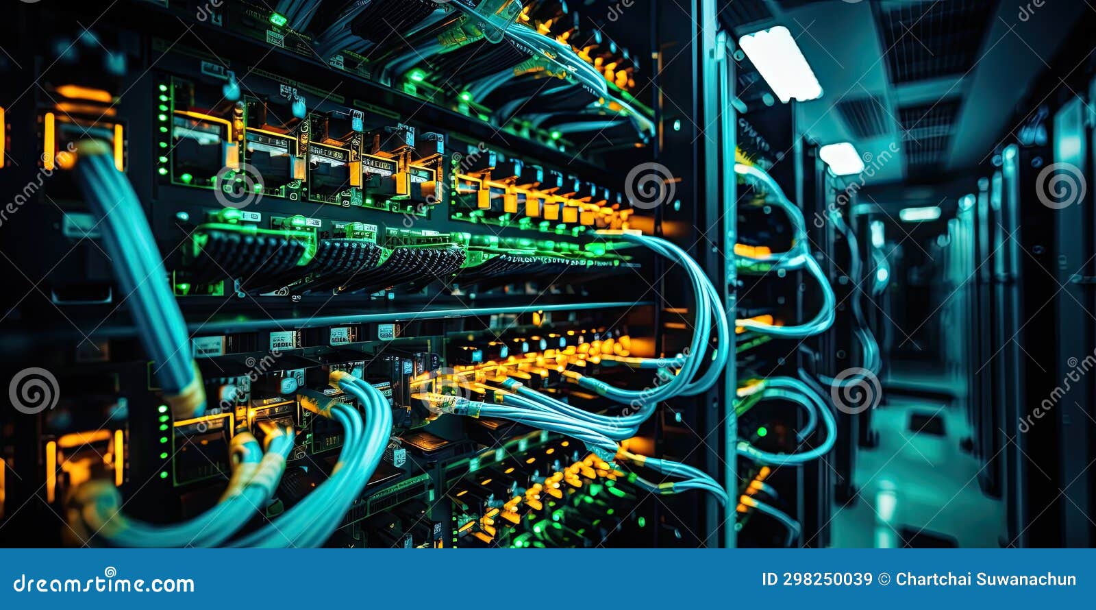 A Complex Set of Wires and Cables Converge in Data Center Where Server ...