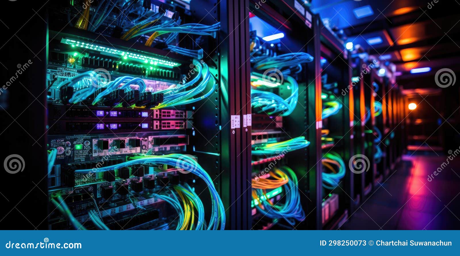 A Complex Set of Wires and Cables Converge in Data Center Where Server ...