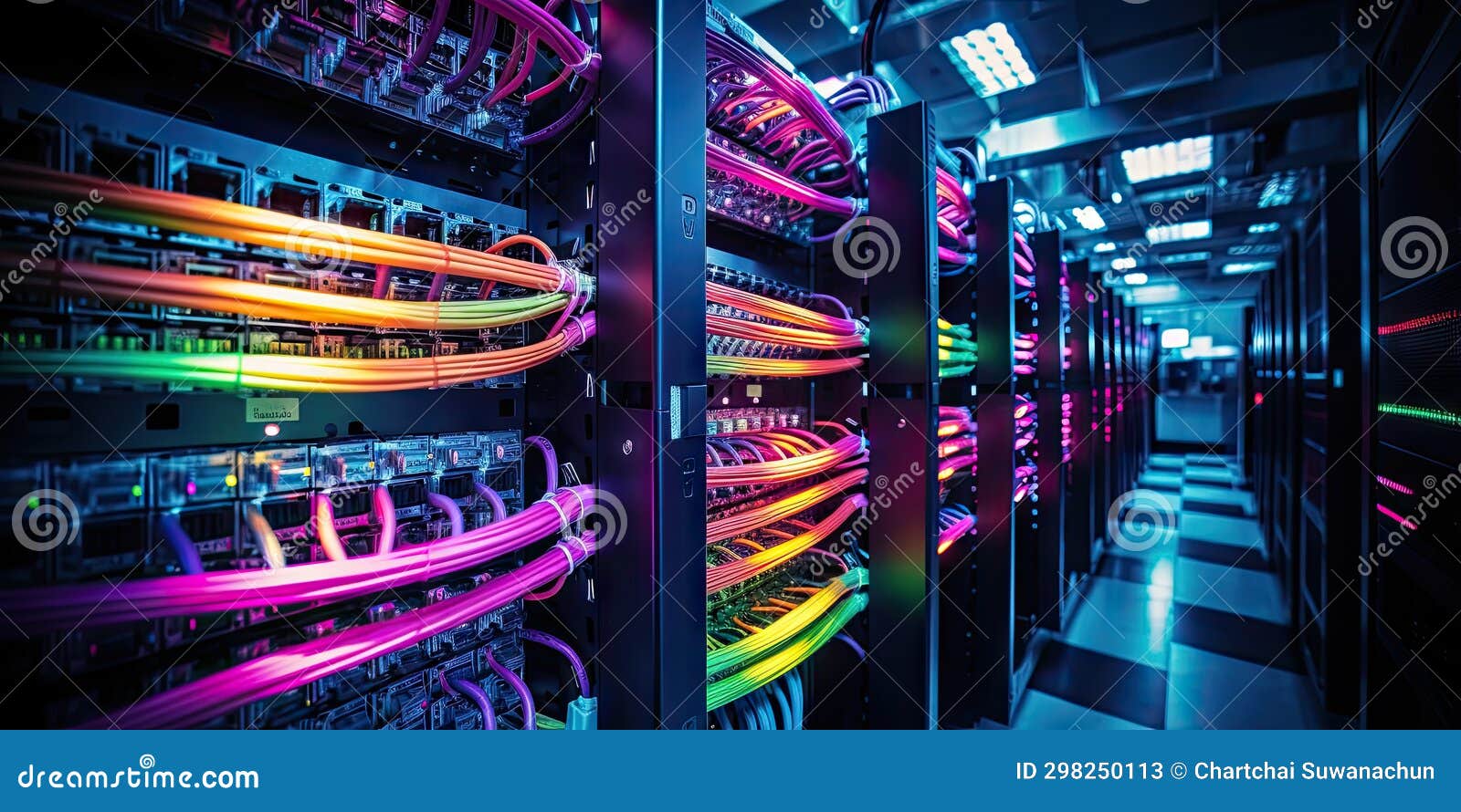A Complex Set of Wires and Cables Converge in Data Center Where Server ...