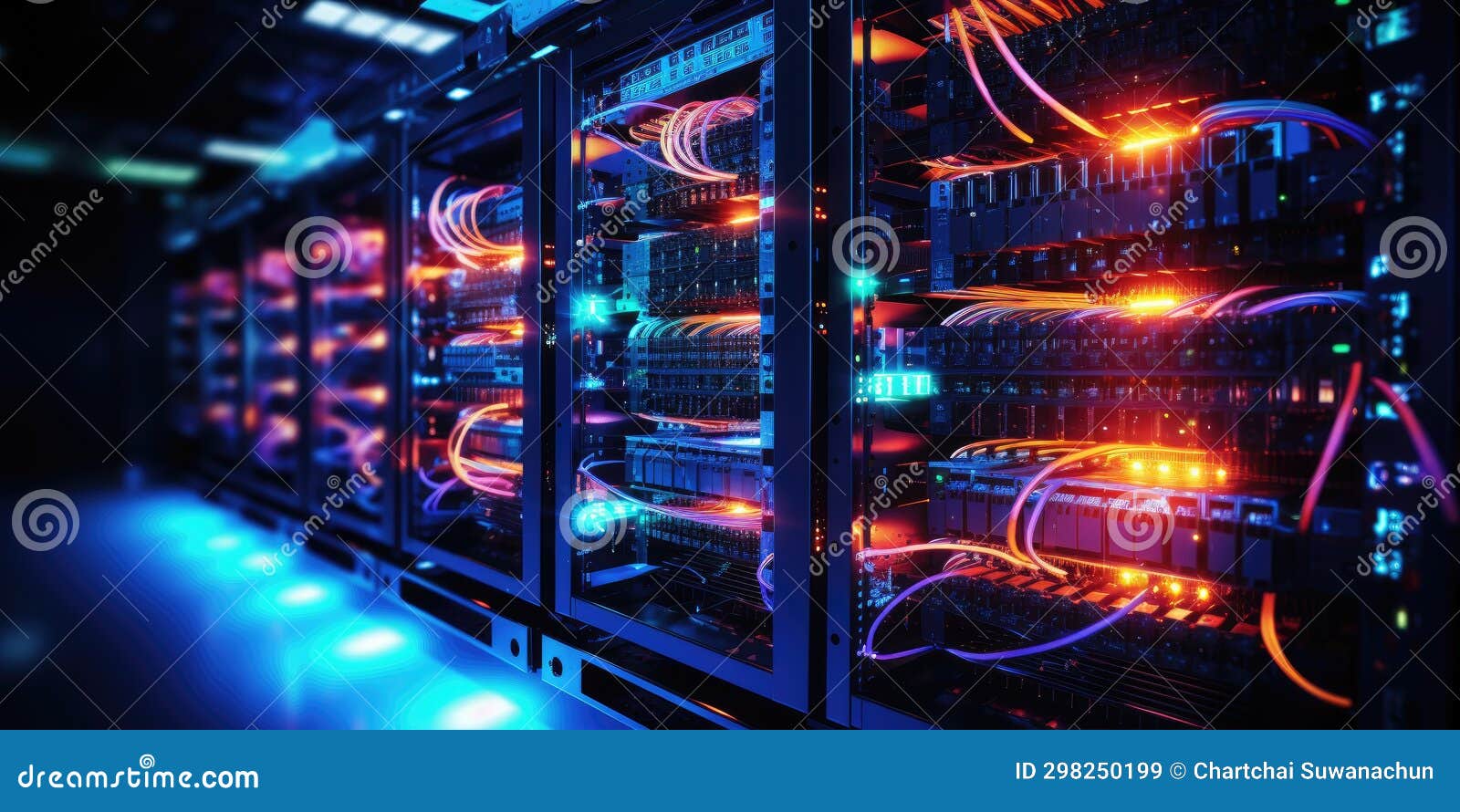 A Complex Set of Wires and Cables Converge in Data Center Where Server ...