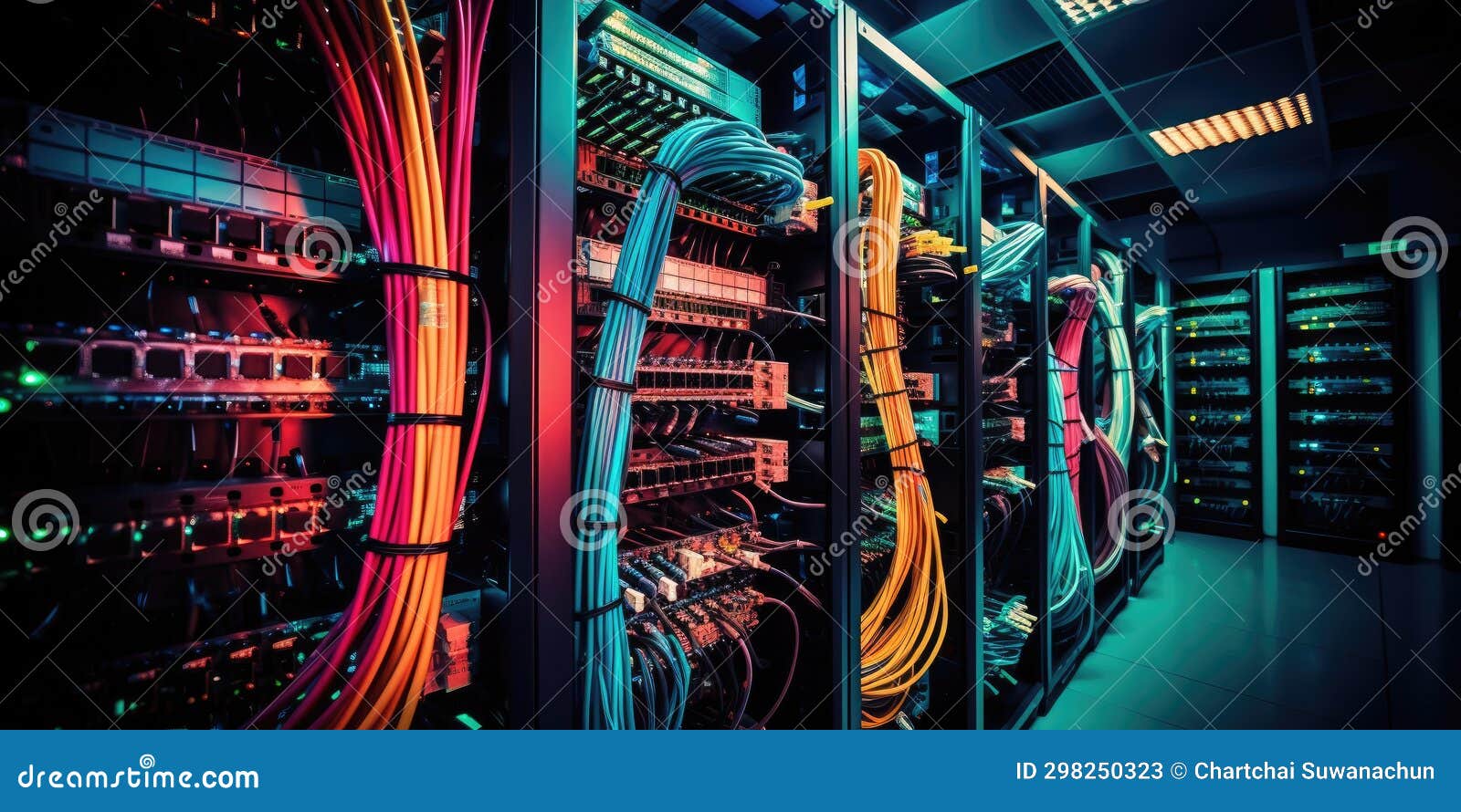 A Complex Set of Wires and Cables Converge in Data Center Where Server ...